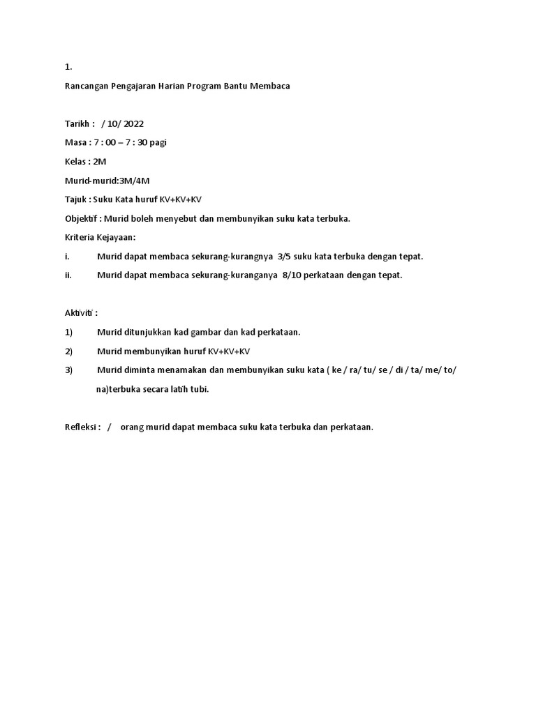 Rancangan Pengajaran Harian Program Bantu Membaca-10!10!2022 | PDF