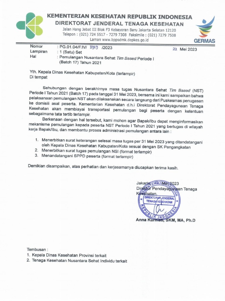 Surat Pemulangan NST Periode I (Batch 17) Tahun 2021 | PDF
