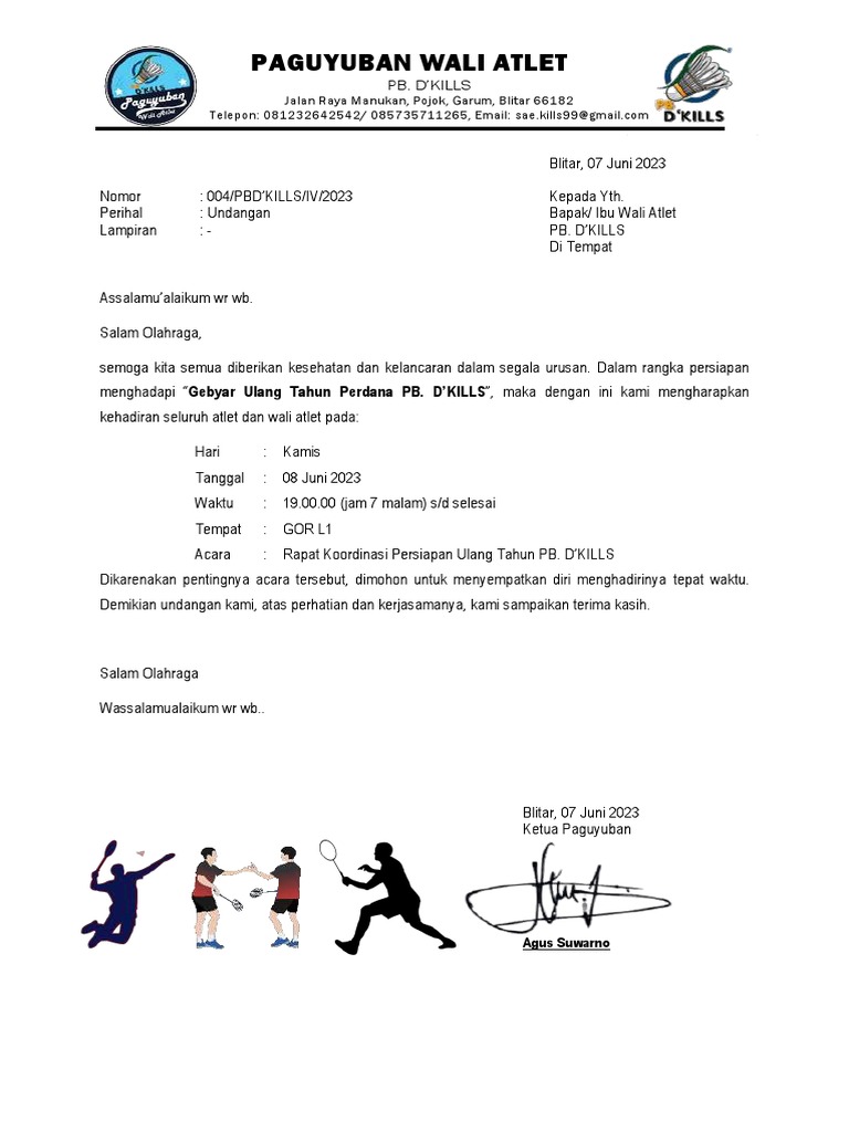 Surat Undangan Paguyuban Wali Atlet | PDF
