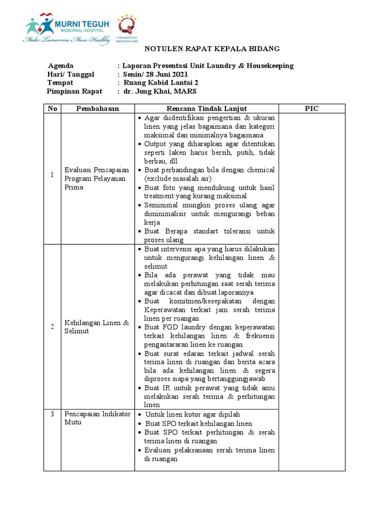 NOTULEN RAPAT LAPORAN PRESENTASI UNIT Laundry & Housekeeping (28 JUNI 2021 | PDF