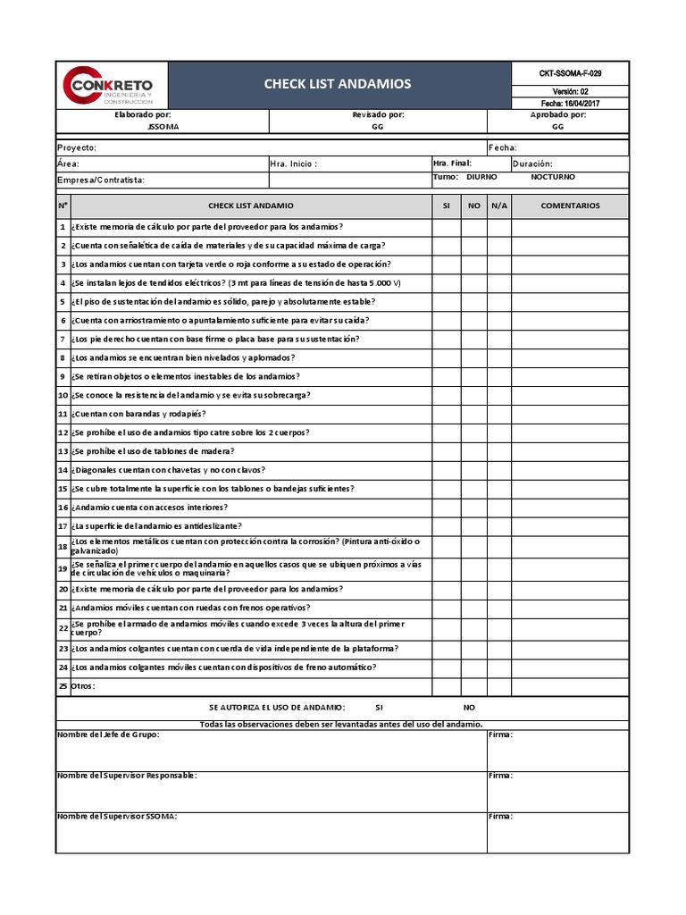 CKT-SSOMA-F-029 Check List Andamios Rev | PDF | Andamio