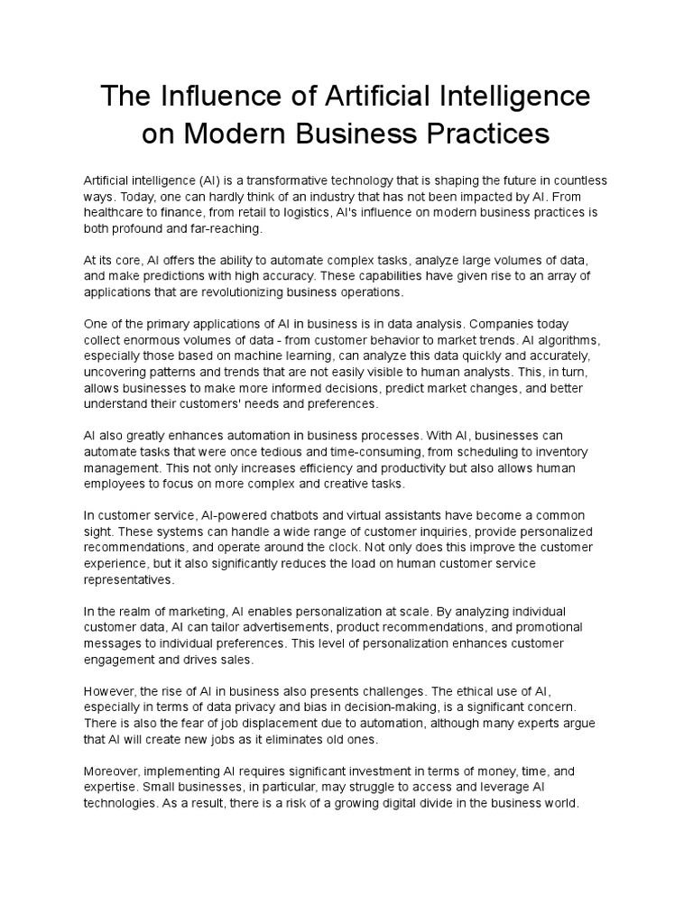 The Influence of Artificial Intelligence On Modern Business Practices | PDF | Artificial ...