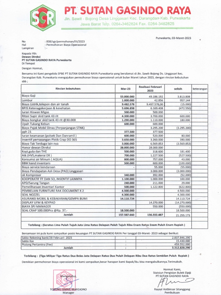 Permohonan Biaya Operasional Perusahaan | PDF