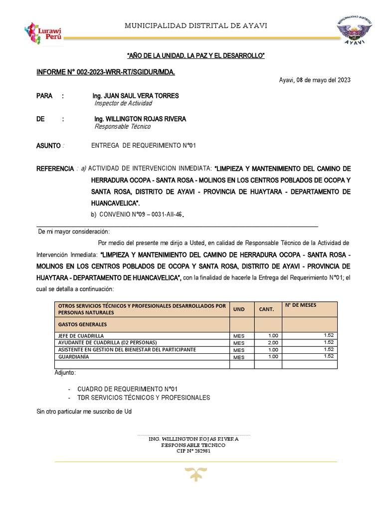Informe #002-2023 - Requerimeinto N°01 | PDF