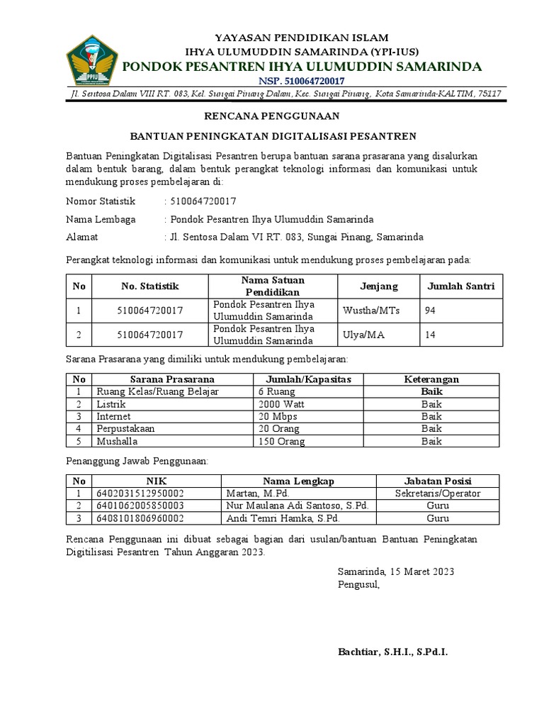 Rencana Penggunaan Bantuan Penguatan Digitalisasi Pesantren | PDF