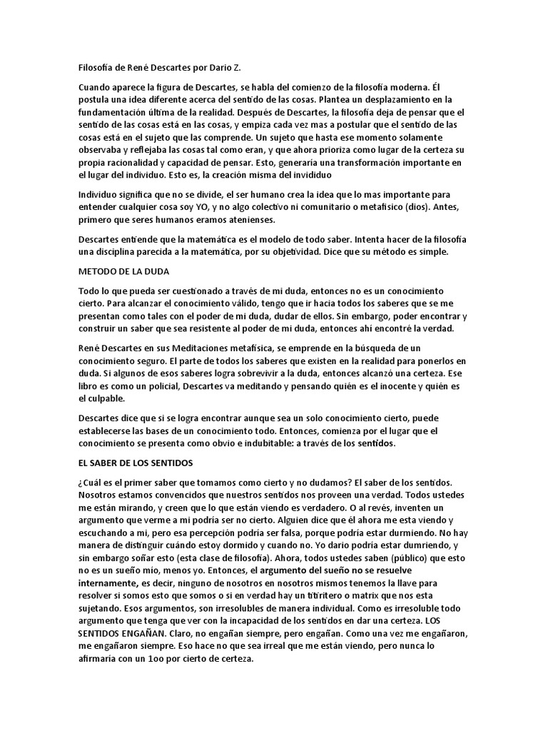 Filosofía de Descartes: Duda y Existencia | PDF | René Descartes ...