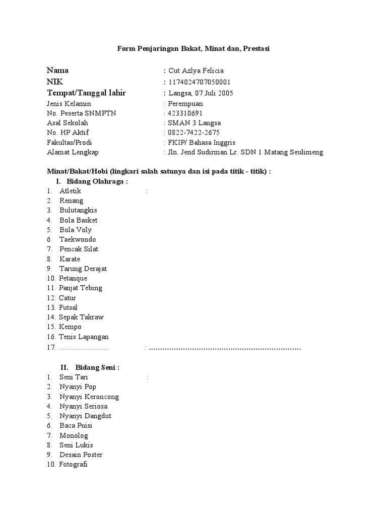 Form Penjaringan Bakat | PDF