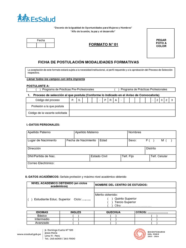 Formato 01 Ficha de Postulacion Modalidades 2023 | PDF