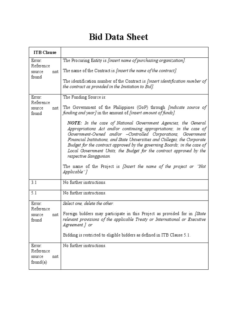 Bid Data Sheet - Template | PDF