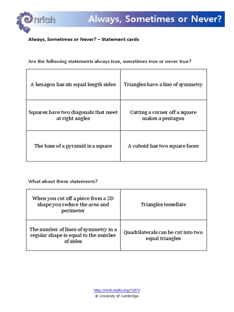 Always Sometimes Never Statements Shape New | PDF | Teaching Methods ...