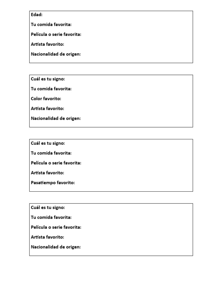 Juego Adivina Quien Es Tu Compañero - Ficha de Intereses y Pasatiempos ...