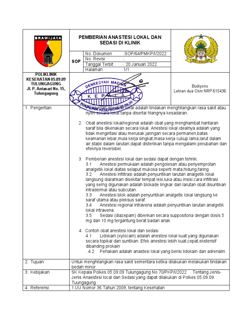 Sop Pemberian Anastesi Lokal Dan Sedasi Di Klinik | PDF