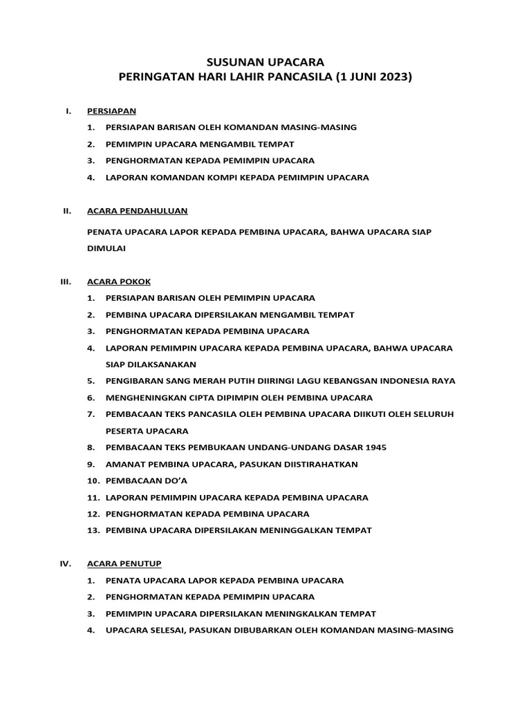 SUSUNAN UPACARA HARI LAHIR PANCASILA | PDF