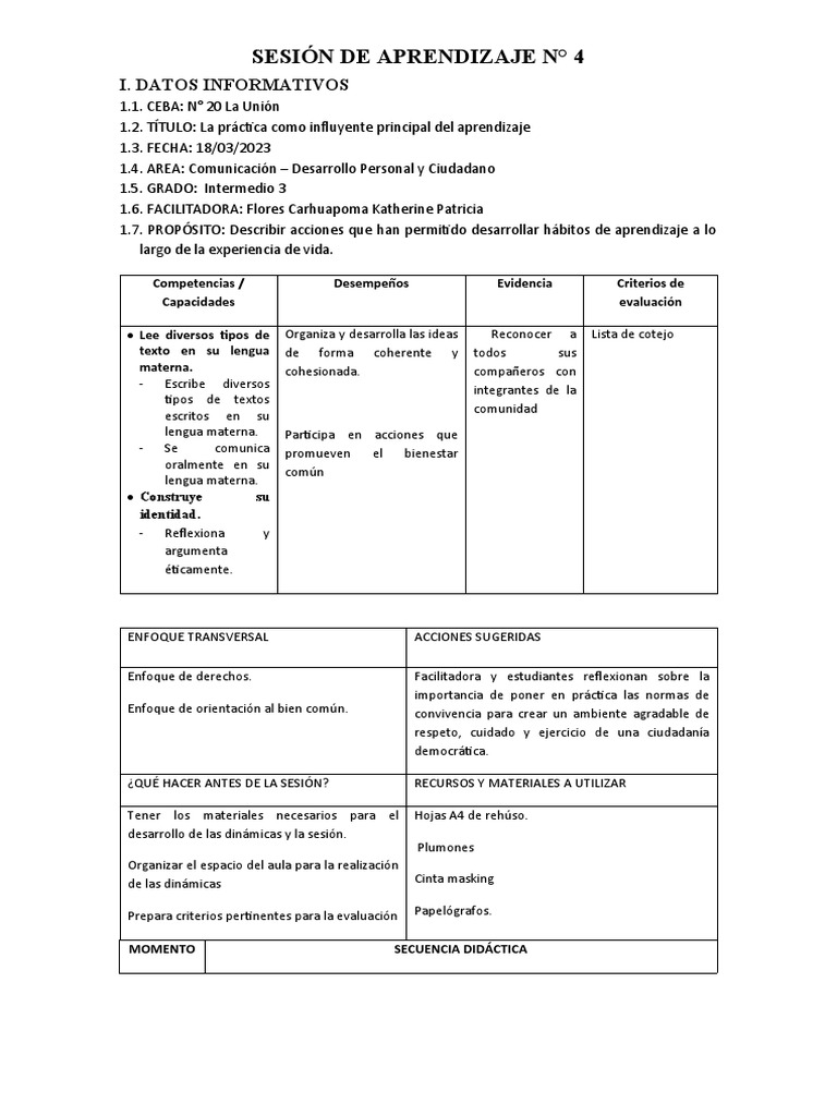 Sesión de Aprendizaje N4 | PDF