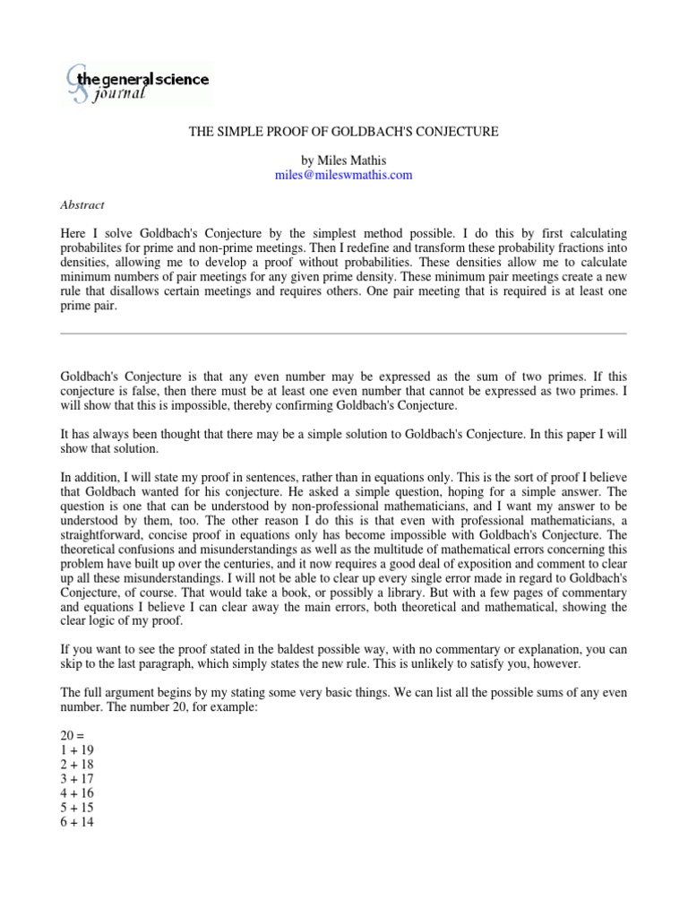 Proof of Goldbach's Conjecture | PDF | Odds | Prime Number