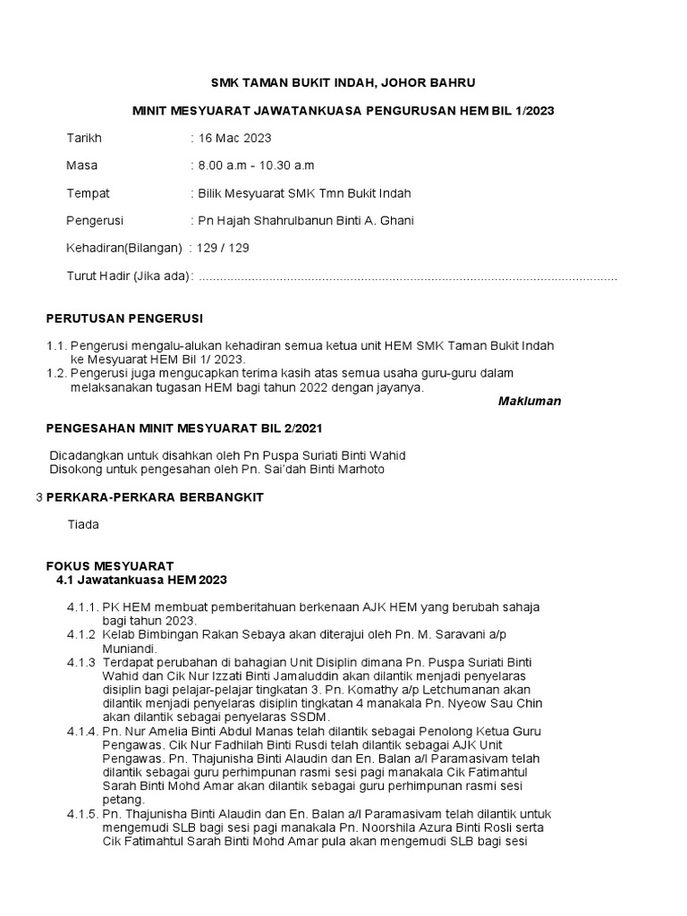 Minit Mesyuarat Hem Bil 1 - 2023 | PDF