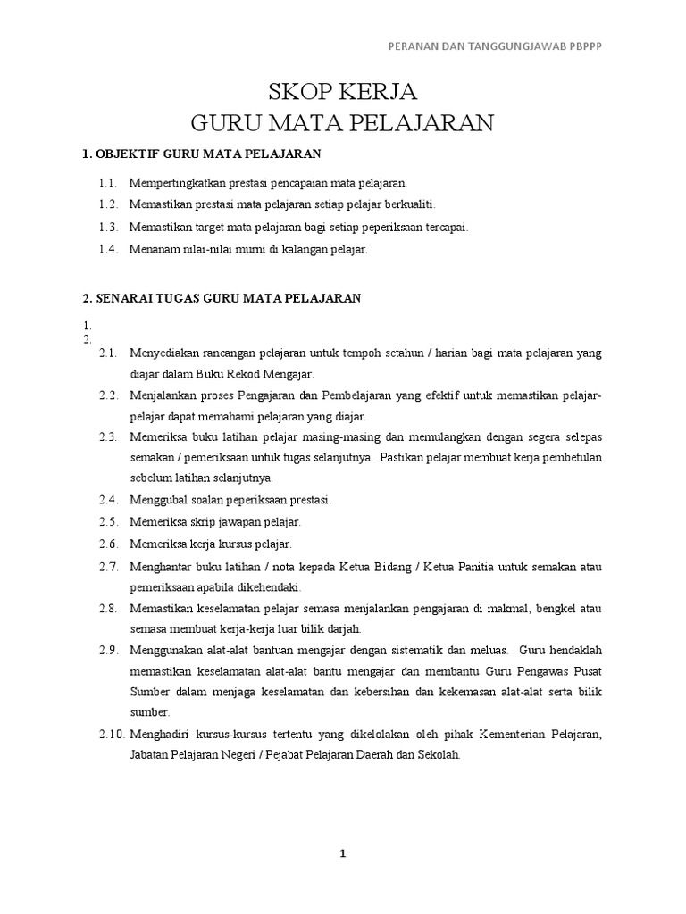 Skop Kerja - Guru Mata Pelajaran | PDF