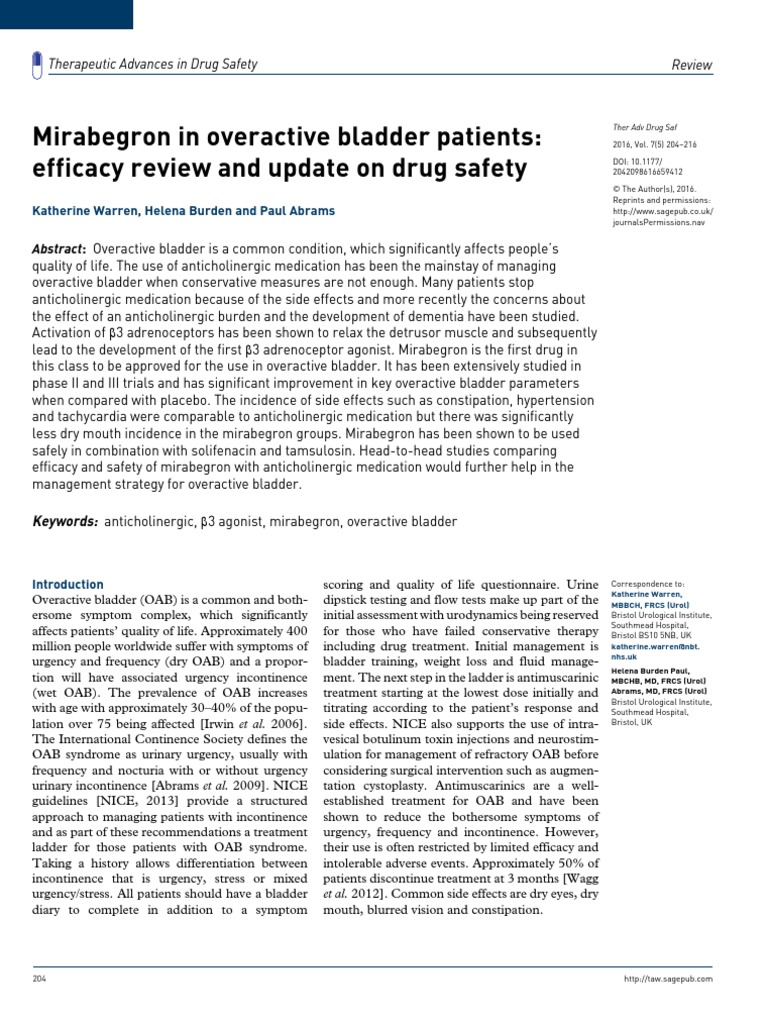 Mirabegron As Drugs For Overactive Bladder | PDF | Urinary Incontinence | Blood Pressure