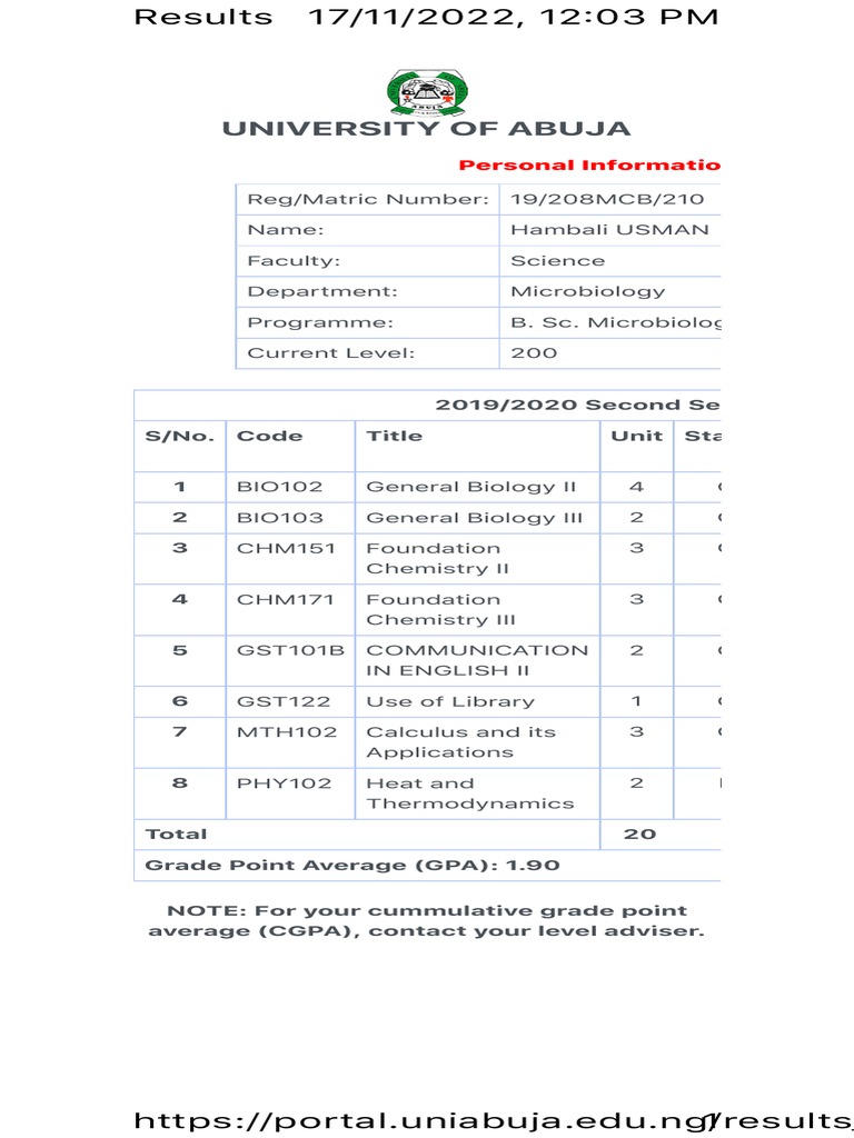 HTTPS: - Portal - Uniabuja.edu - NG - Results - Student | PDF