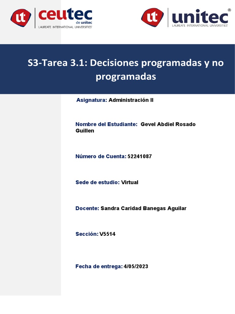 S3-Tarea 3.1 Decisiones Programadas y No Programadas | PDF