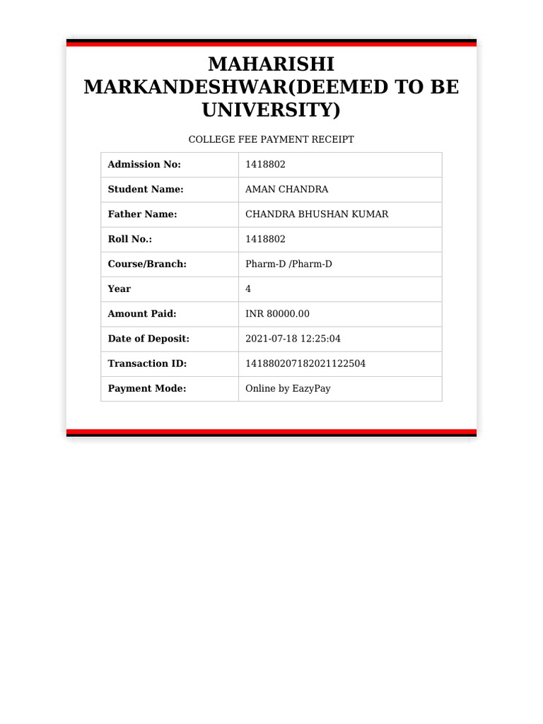 MMU College Fee Payment Receipt | PDF | Finance & Money Management