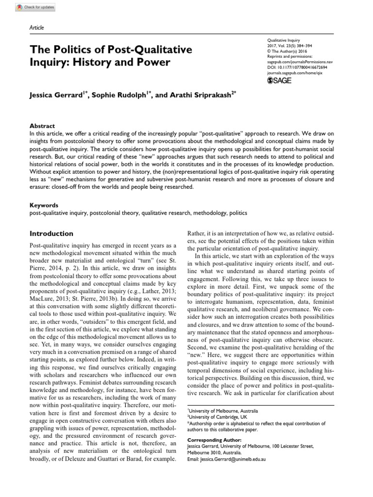 Politics of Post-Qualitative Inquiry | PDF | Methodology | Qualitative Research