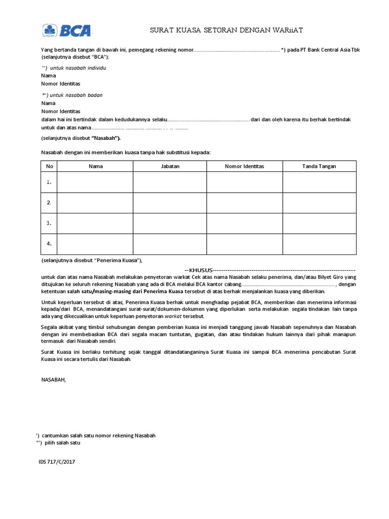 Surat Kuasa Setoran BCA | PDF