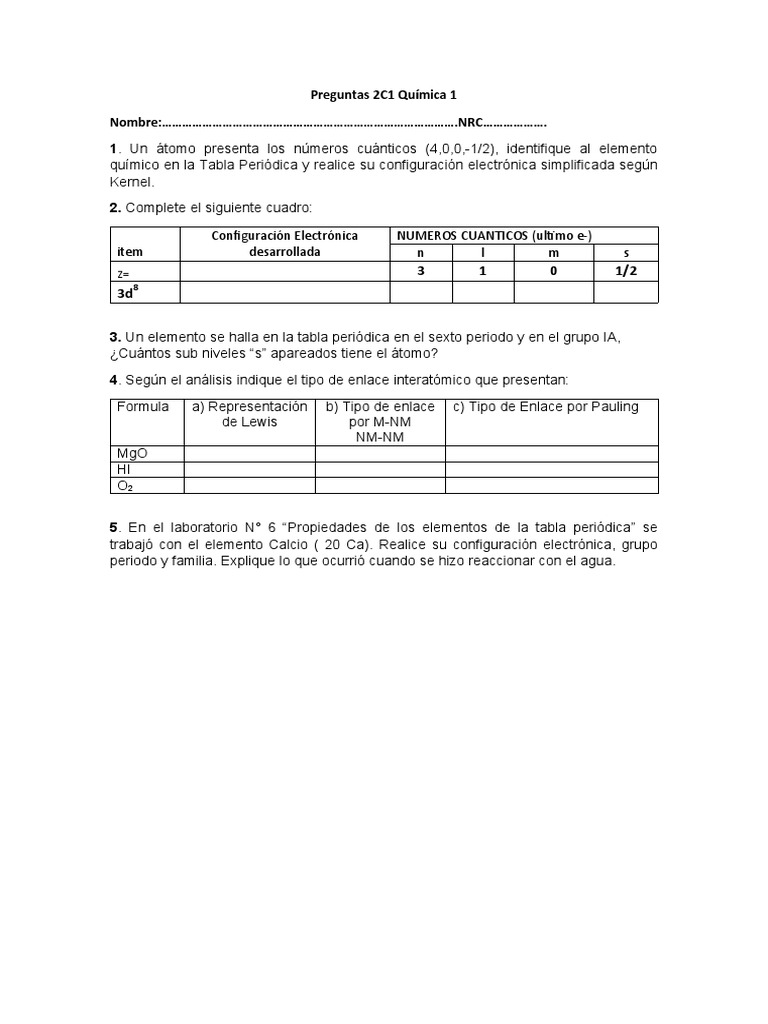 Preguntas 2C1 Quimica 1 | PDF