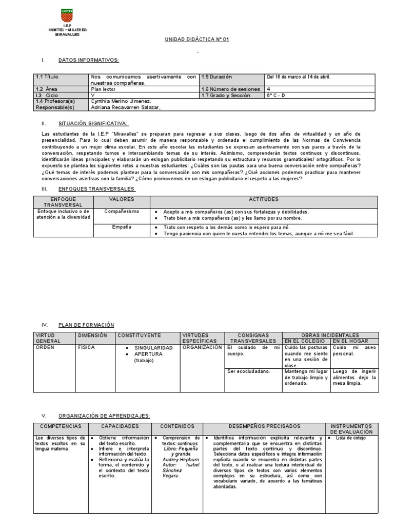 Unidad 1 - Plan Lector - 6to | PDF | Aprendizaje | Información