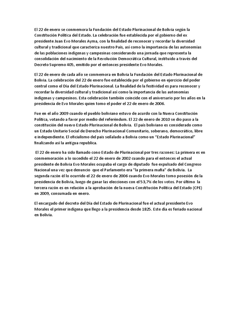 Fundación Del Estado Plurinacional de Bolivia El 21 de Enero de 2010 | PDF