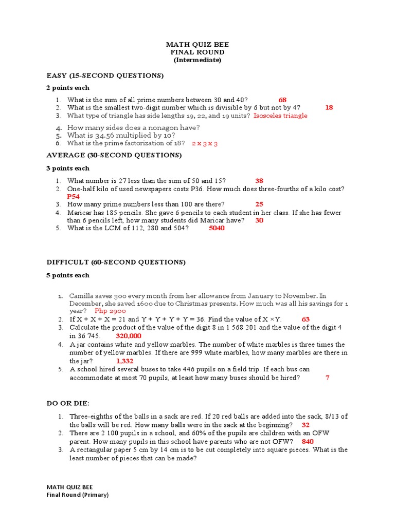 MATH QUIZ BEE Final Round Intermediate | PDF | Arithmetic | Mathematics