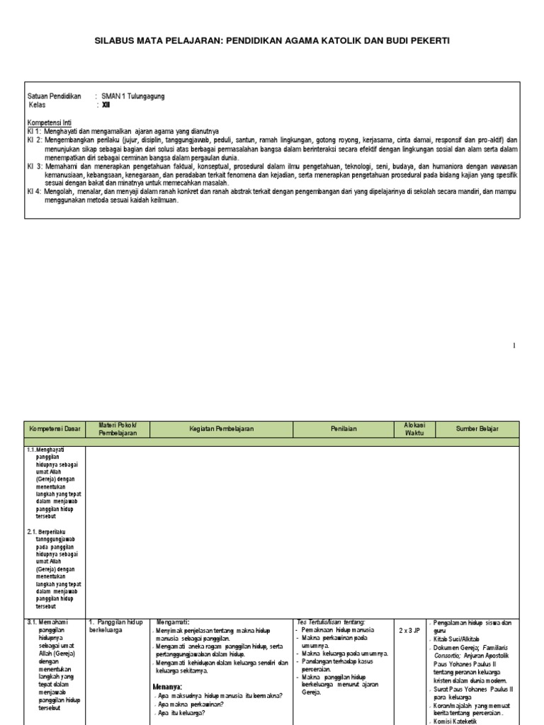 Silabus Agama Katolik Kelas 12 | PDF