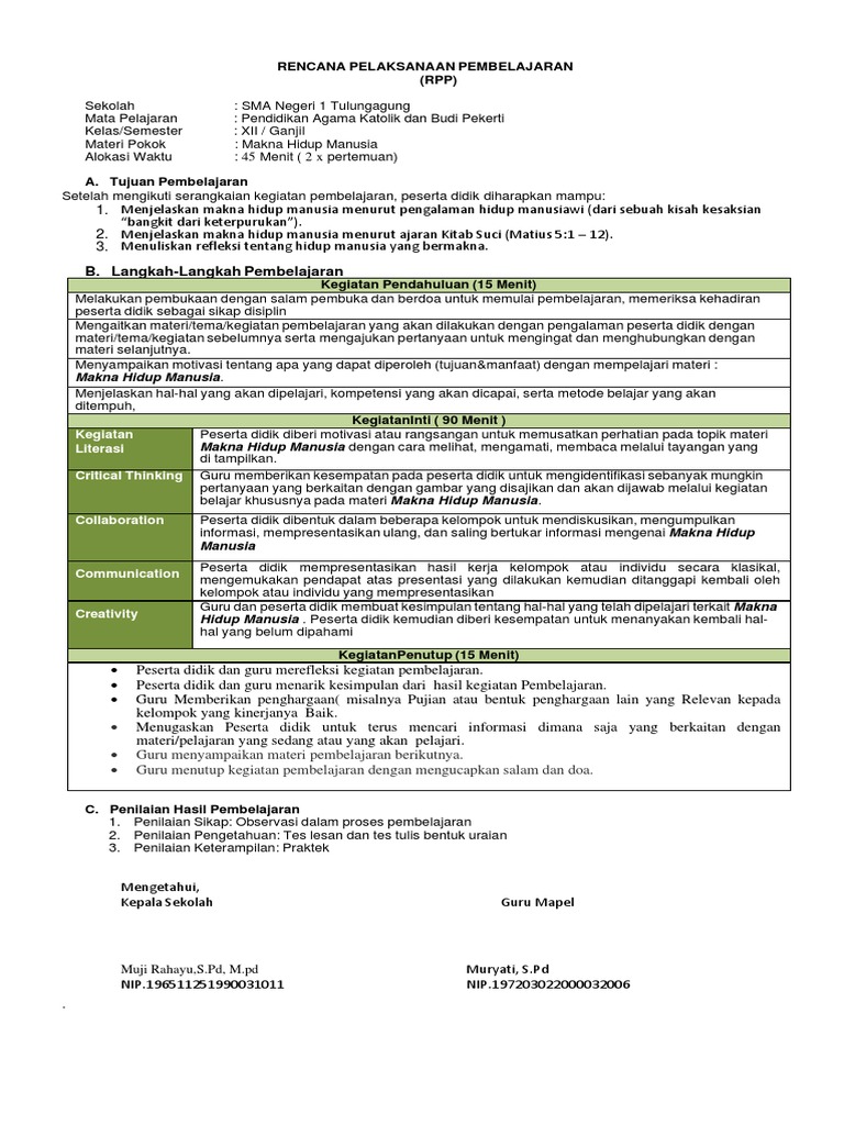 RPP Agama Katolik Kelas 12 | PDF