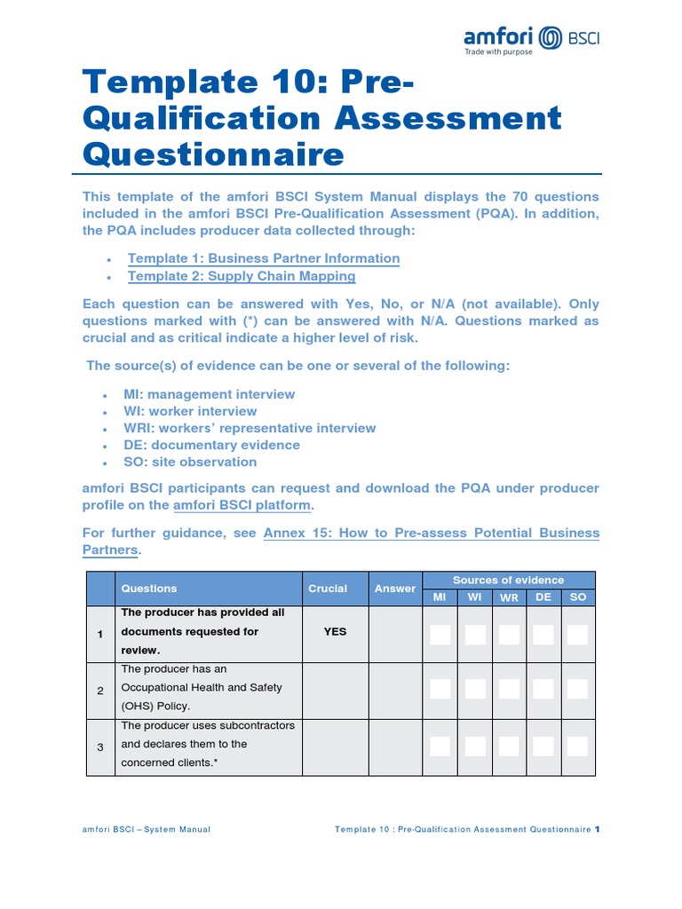 Pre-Qualification Assessment Template | PDF | Occupational Safety And ...