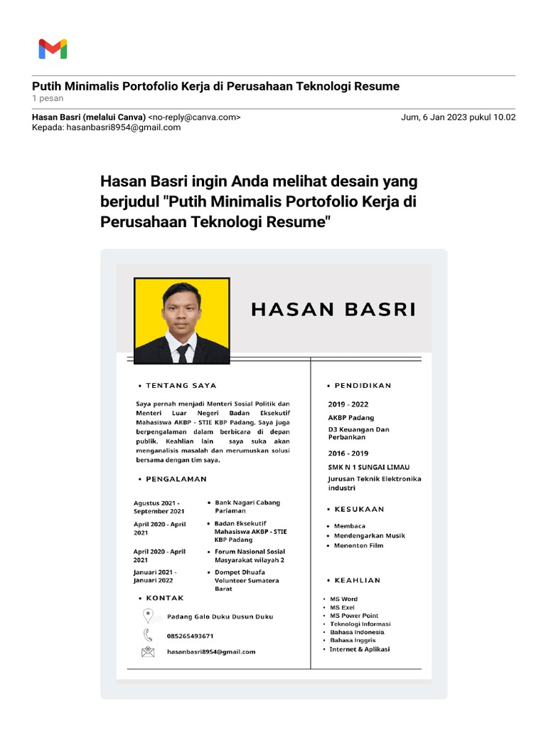 Gmail - Putih Minimalis Portofolio Kerja Di Perusahaan Teknologi Resume ...