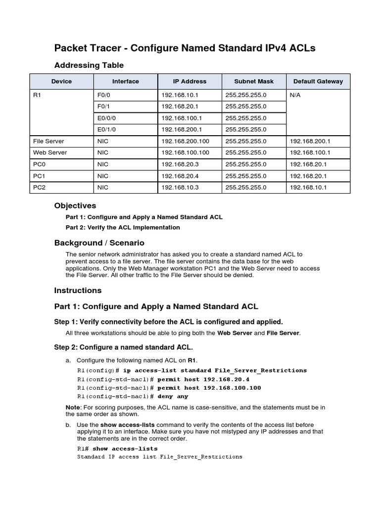OctavoParaleloAAnrangoEdwin5.1.9 Packet Tracer - Configure Named Standard IPv4 ACLs | PDF