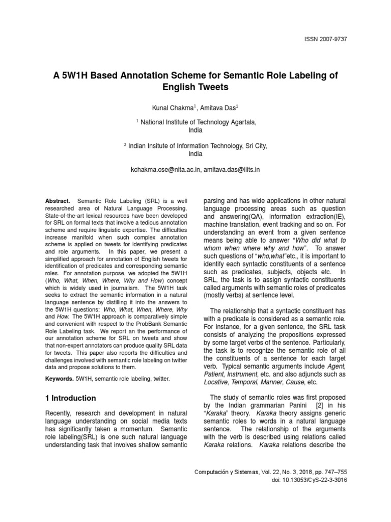 A 5W1H Based Annotation Scheme For Semantic Role Labeling of English ...