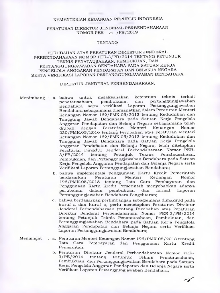 PER 27 PB 2019 Perubahan Atas Perdirjen PBN No PER 3 PB 2014 Juknis Penatausahaan, Pembukuan ...
