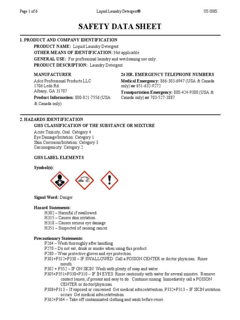 Liquid Laundry Detergent GHS SDS | PDF | Resource Conservation And ...