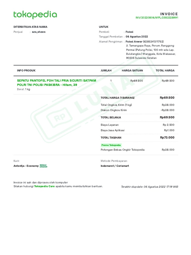 Invoice Pembelian Sepatu Pantofel 2022 | PDF