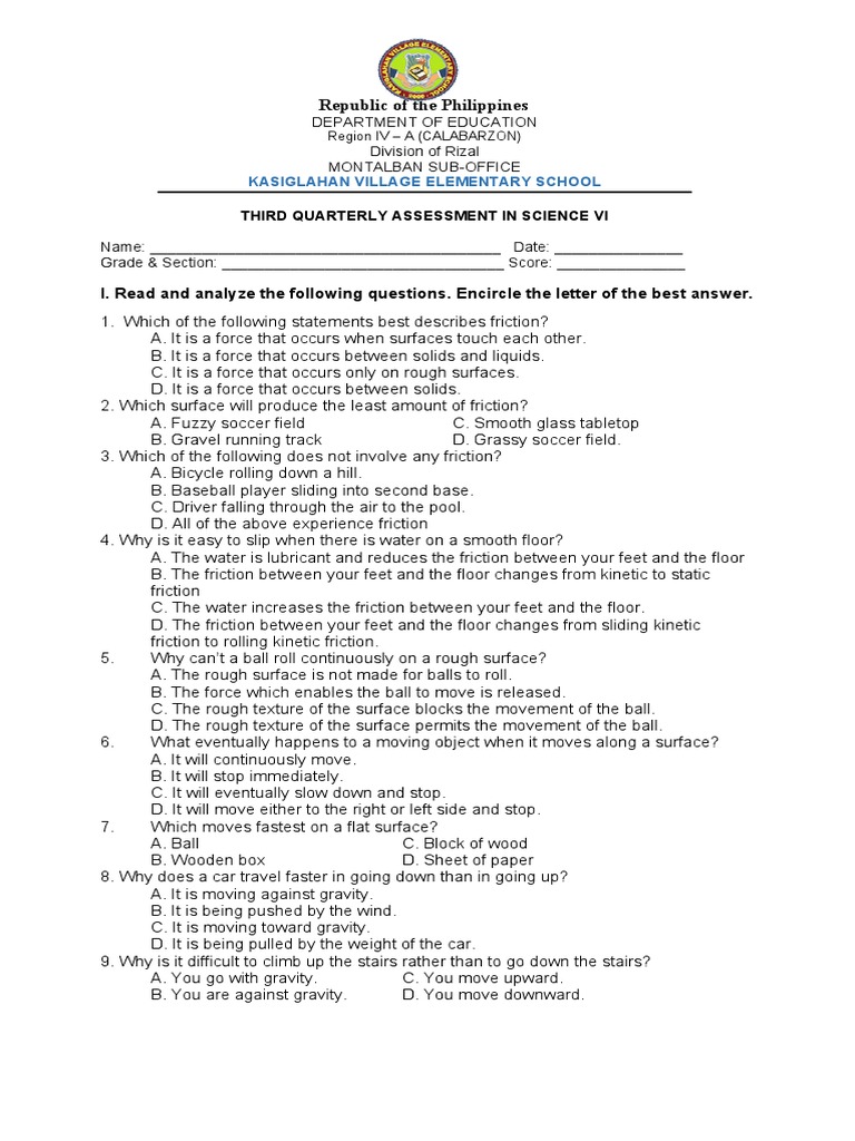 Science 6 - 3rd Quarter Test | PDF | Friction | Machines