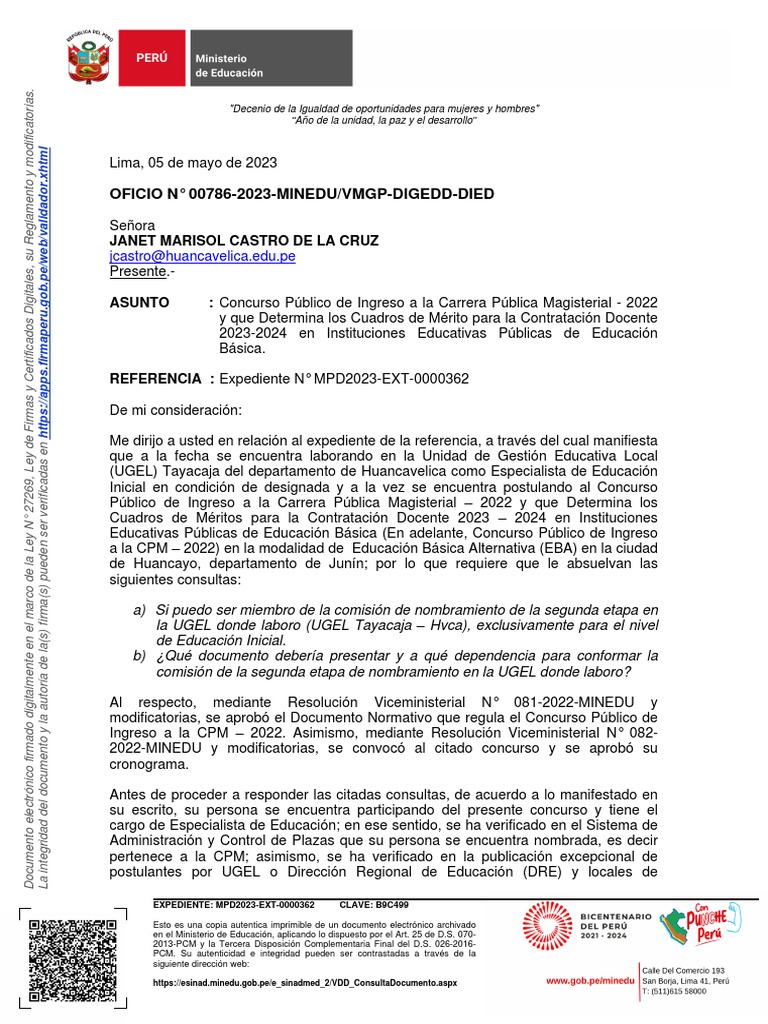 Oficio 00786 2023 Minedu Vmgp Digedd Died | PDF | Enseñando | Evaluación