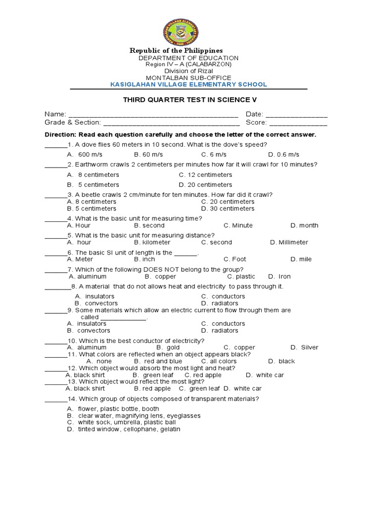 Grade 5 Science 3rd Quarter Exam | PDF | Electricity | Wire