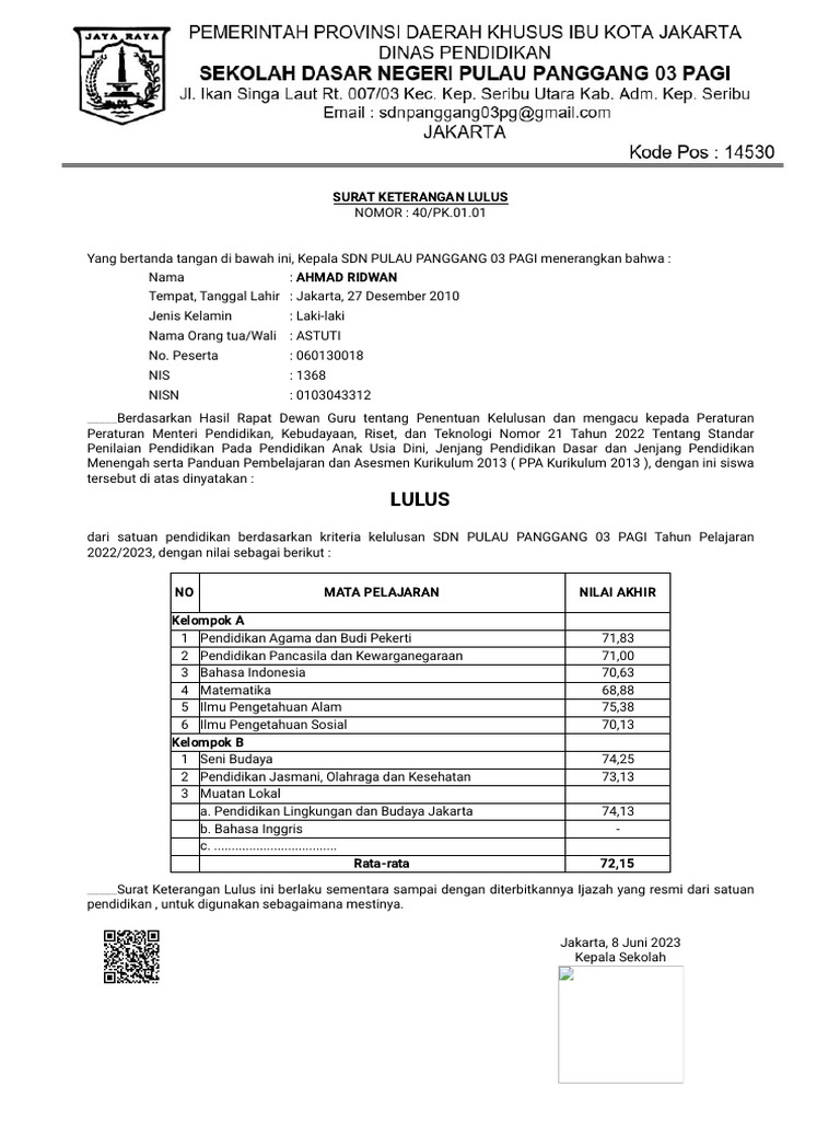 Surat Keterangan Lulus SD 2023 | PDF