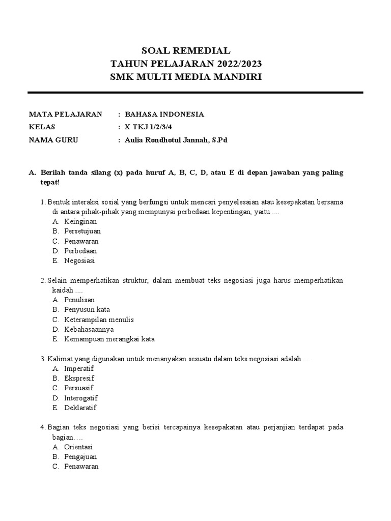 Soal Remedial Bahasa Indonesia Kelas X | PDF