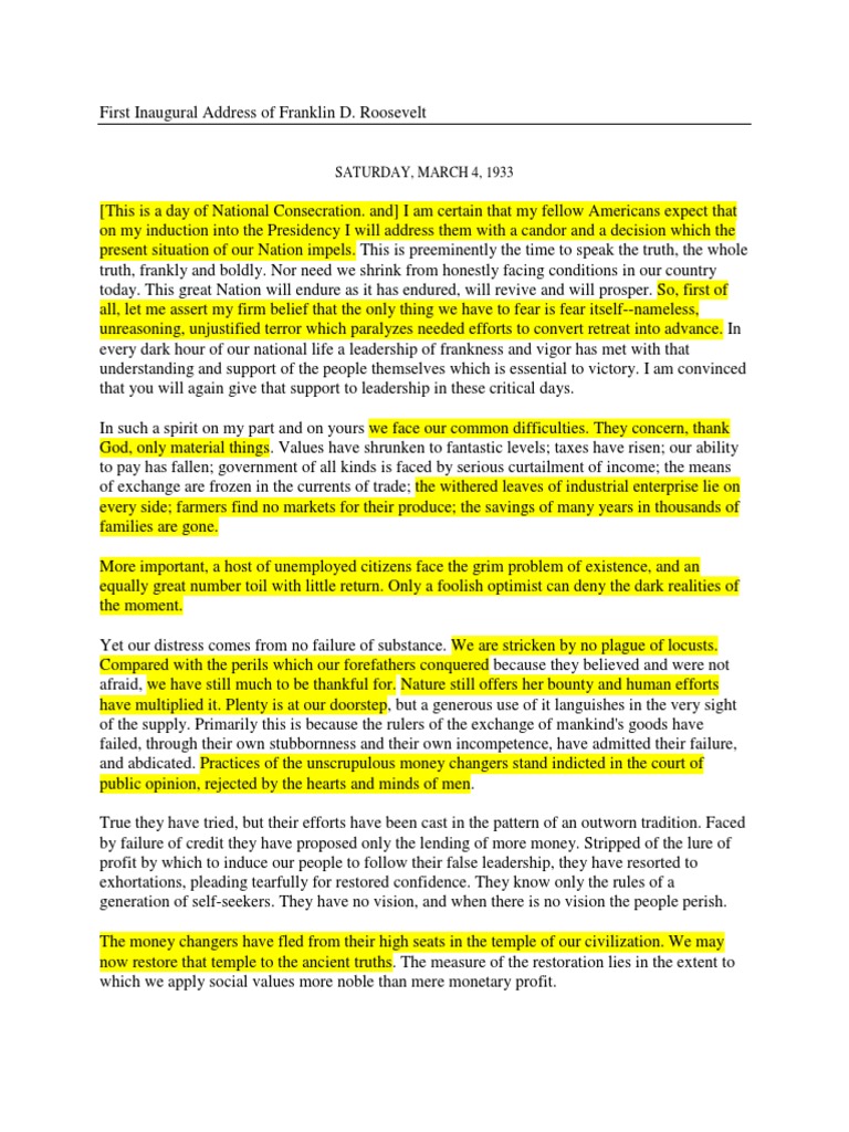 FDR's First Inaugural Address Summary | PDF
