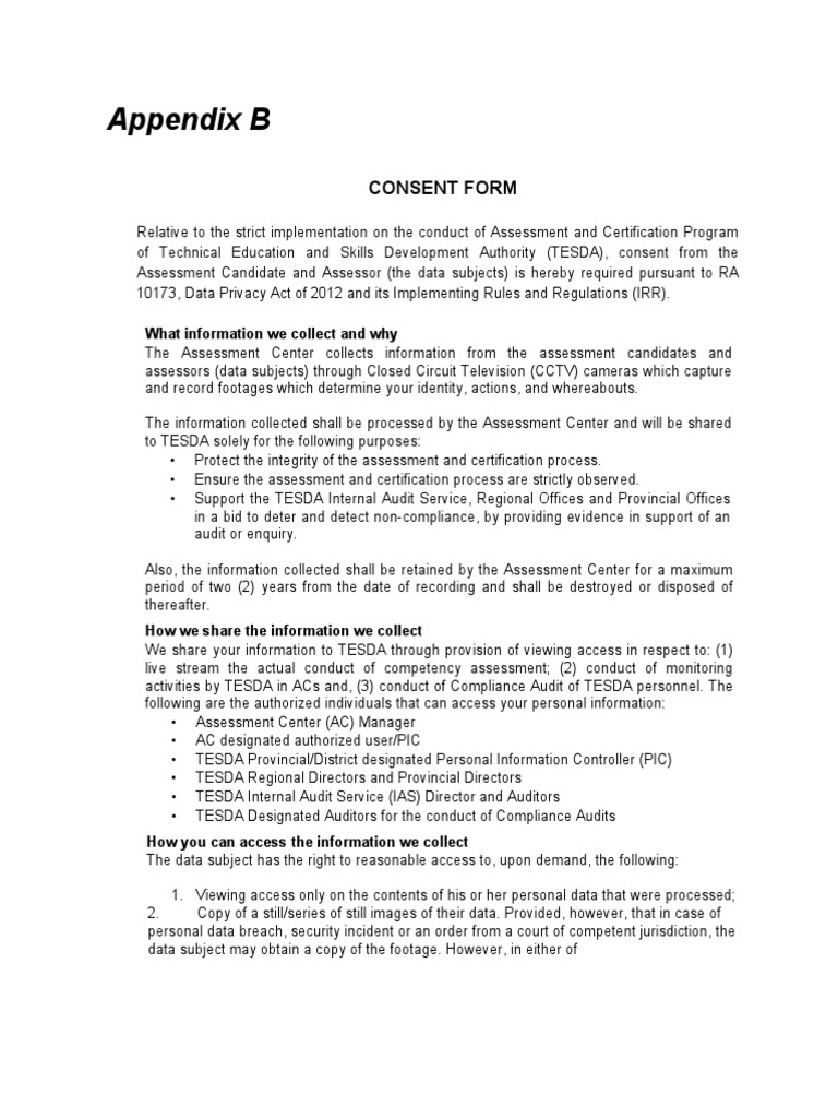 TESDA Assessment Consent Form | PDF | Audit | Regulatory Compliance