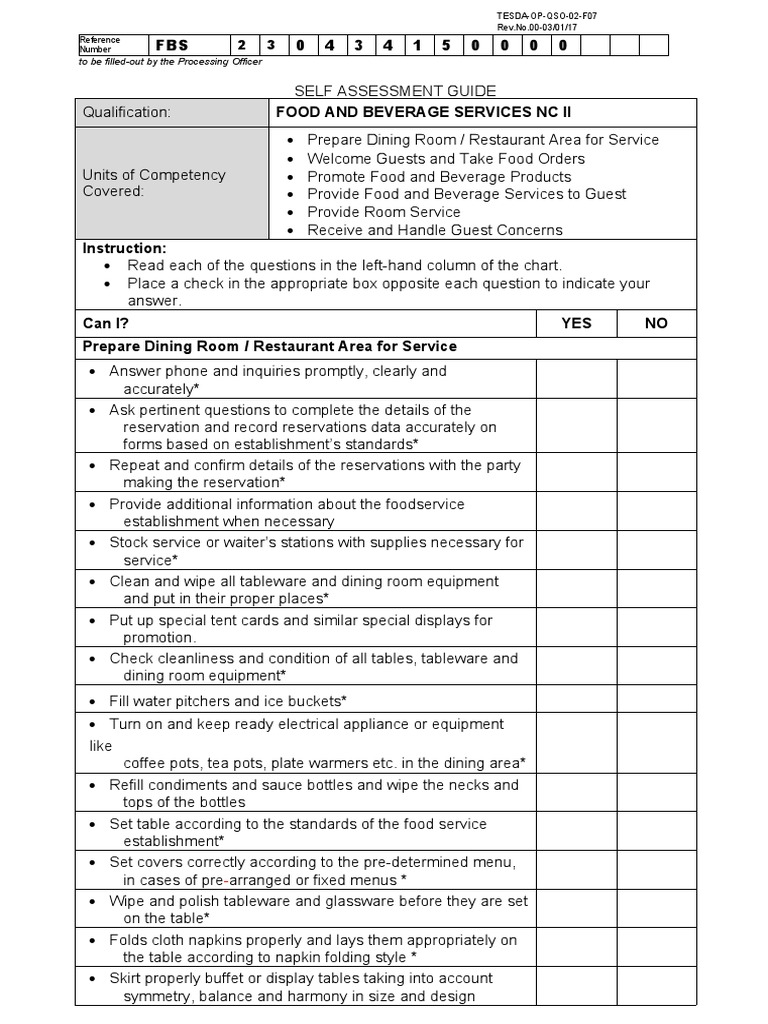 Self Assessment Guide FBS NC II 1 | PDF