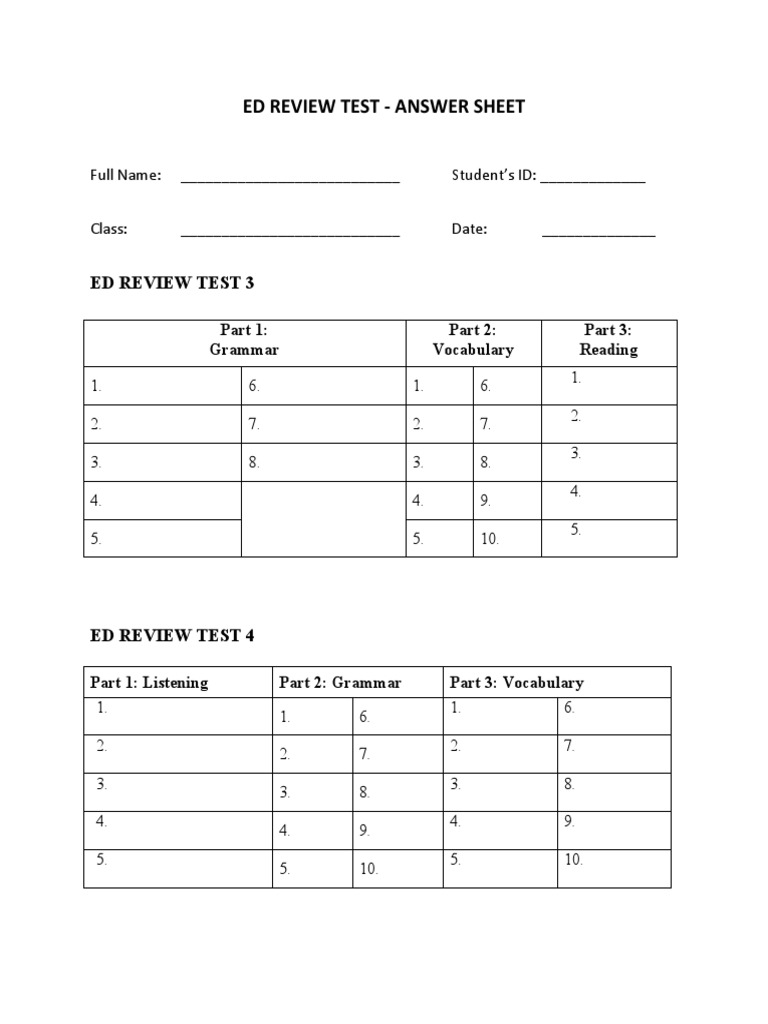 ED REVIEW TEST - Answer Sheet - T3-4 | PDF