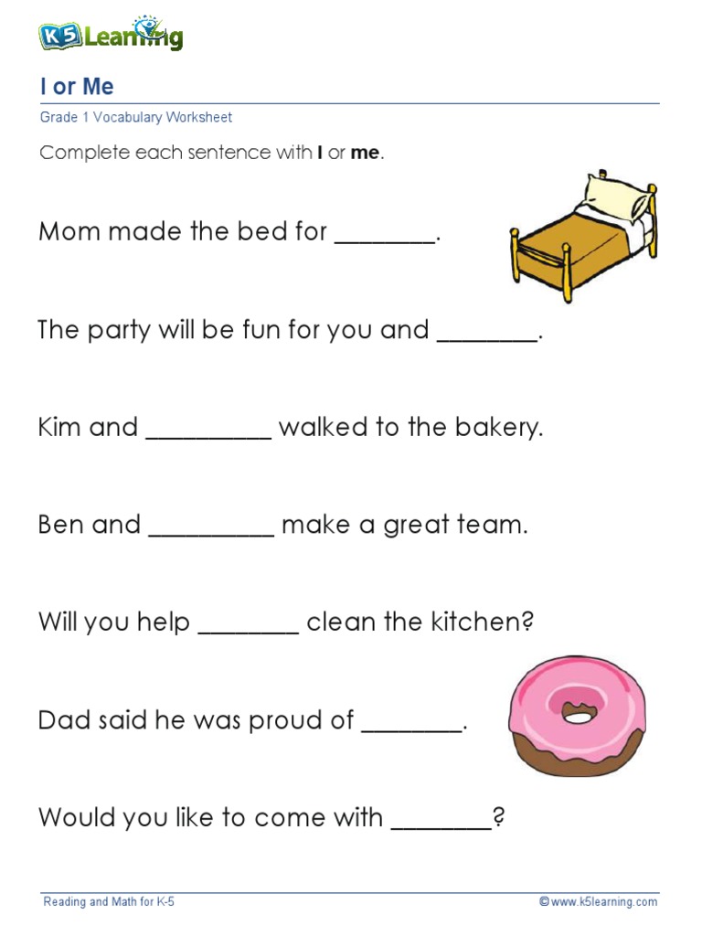Grade 1 Worksheet in English I and Me | PDF